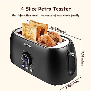 Toaster 4 Slice,KOTIAN Retro Long Slot Toasters with Countdown Timer,Stainless Steel Toaster,Bagel,Defrost,Reheat,Cancel Functions,Extra Wide Slots,6 Toast Settings,Removable Crumbs Tray,Matte black