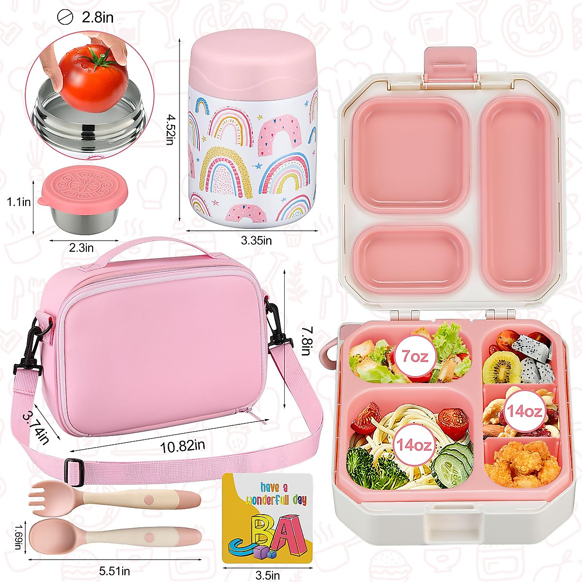wiwens Bento Lunch Box for Kids with 12oz Soup Thermo Leak-Proof Lunch Food Container with 5 Compartment Thermo Hot Food Jar and Insulated Lunch Bag for Kid Toddler Girls Boys to School