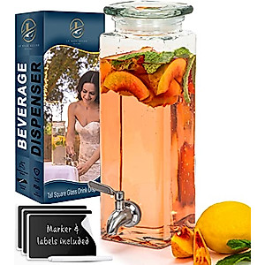 Square Glass Drink Dispenser for Parties - Stainless Steel Spigot + Marker & Label - 100% Leakproof Beverage Dispenser - Liquid Laundry Detergent Dispenser, Water Dispenser, Decorative Pitchers 80oz.