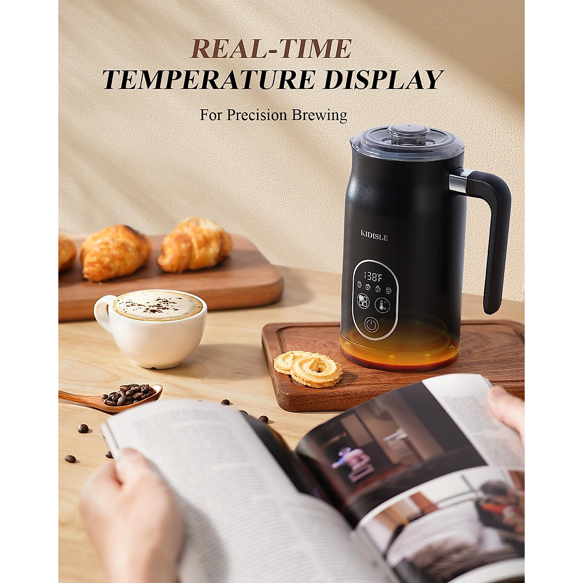 KIDISLE Electric Milk Frother, 4 In 1 Milk Frother and Steamer With Temperature Control, Automatic Warm and Cold Foam Maker for Coffee, Latte, Hot Chocolate, Cappuccinos, Macchiato, Black