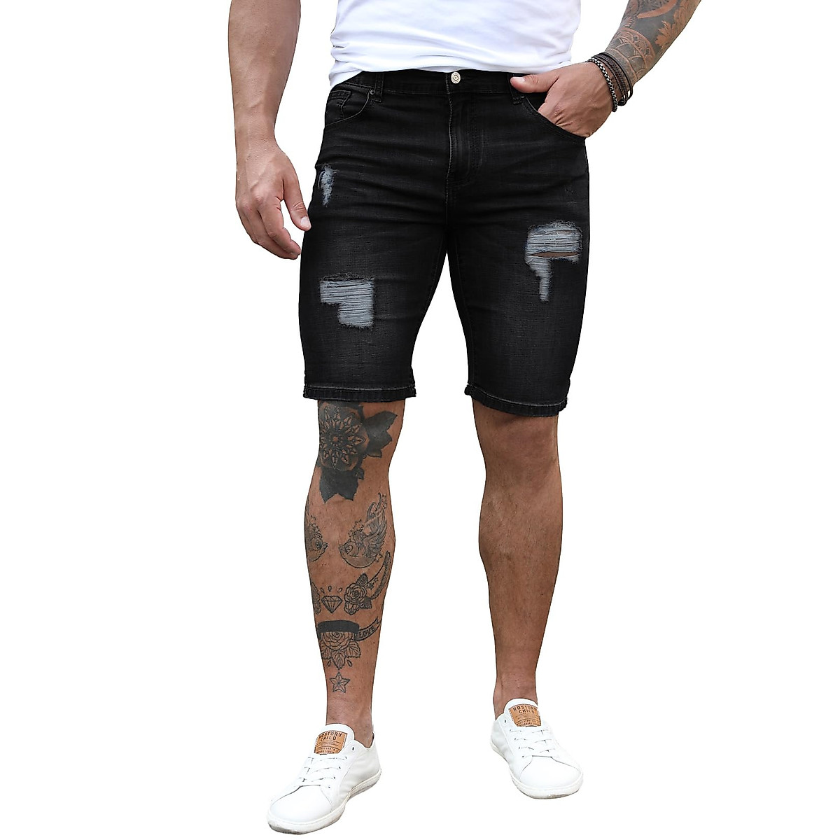 JMIERR Mens Shorts Casual Denim Stretch Slim Fit Washed Distressed Rolled Ripped Jean Shorts for Men US 36(L) Model B Black