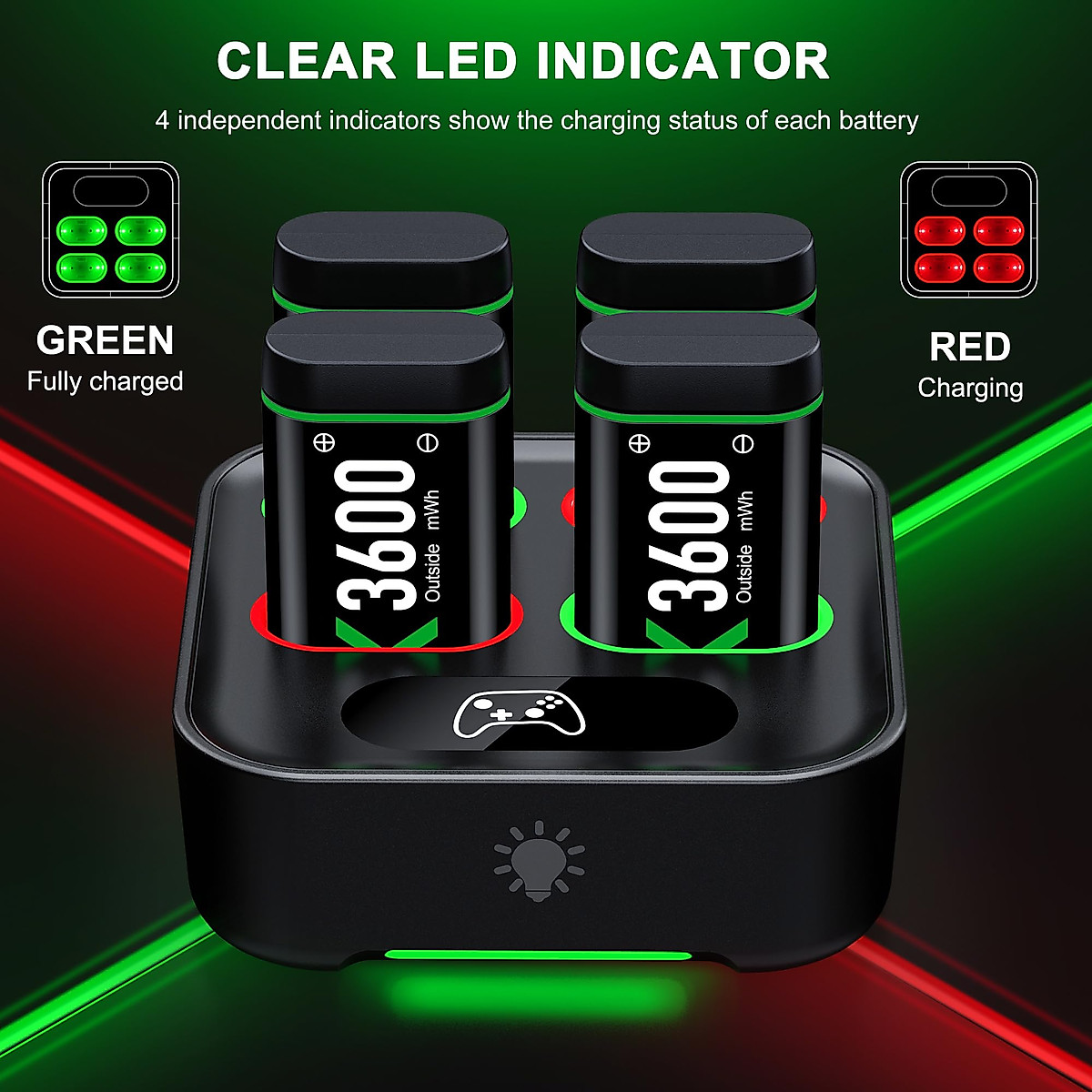 Rechargeable Xbox One Controller Battery Pack Charger with 4 x 3600mWh High Capacity for Xbox Series X Battery, Xbox One Charging Accessories for Xbox One Series X/S/Xbox One/X/S/Elite Controllers