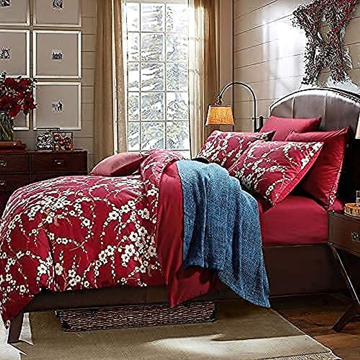 Brandream King Size Duvet Cover Set Japanese Oriental Style Cherry Floral Red Blossom Flower Branches Print Chinoiserie Bedding Pillowcases Set 800TC Egyptian Cotton Sateen Botanical Tree 3 Piece