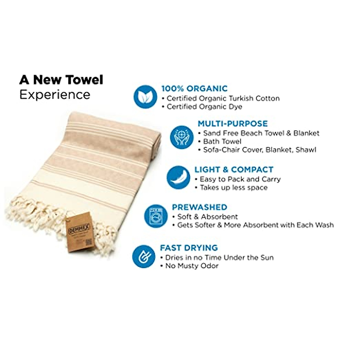 DEMMEX Certified 100% Organic Cotton & Organic Dye Prewashed XL Diamond Weave Turkish Cotton Towel Peshtemal Blanket for Bath,Beach,Pool,SPA,Gym, 71x36 Inches,14 Oz (Beige)