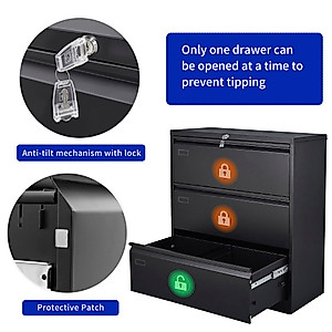3 Drawer Filing Cabinet, Black Lateral File Cabinet with Lock, Lockable Metal File Cabinet for Home Office, Office File Cabinets for Legal/Letter/A4/F4 Size with Hanging Files&Key (Black(3 Drawer))