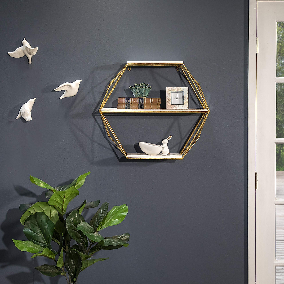 Sagebrook Home Metal Wood 3 Tier Hexagon Floating Wall Shelves, Storage and Display, Gold, 24 L x 6 W x 21 H Inches
