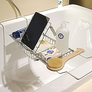 ZHYIYI Stainless Steel Bathtub Caddy Tray,Over Bath Tub Racks Organizer with Removable Wine Rack Book Candle Holder,Expandable Bath Tub Shelf for Reading Black