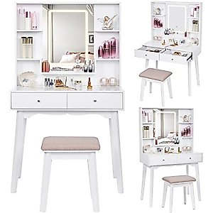 ANWBROAD Makeup Vanity Desk Vanity Table Set with LED Lighted Mirror Vanity Set with 3 Adjustable Lighting Colors 5 Storage Shelves 2 Big Drawers Dresser Cushioned Stool for Girls Women (White)