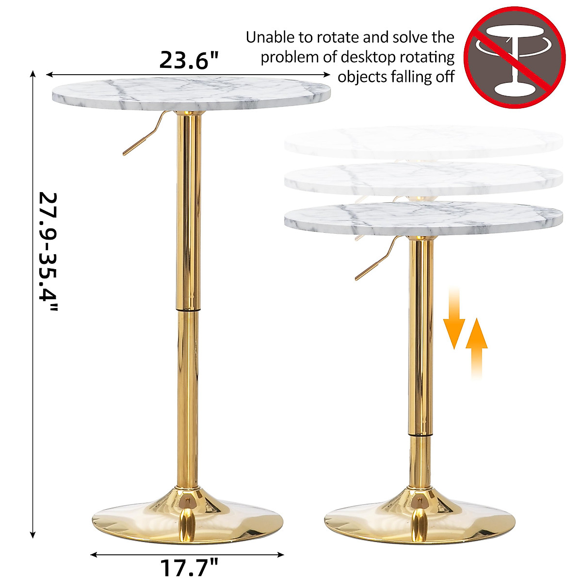 Finnhomy 24'' Round Cocktail Bar Table with Metal Base, Tall Bistro Pub Table, Adjustable 27.9''-35.4'' Counter Bar Height for Kitchen, Dining Room, Living Room, Easy Assembly, Gold