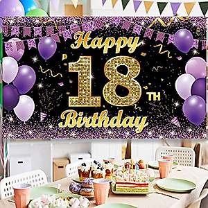 18th Birthday Decoration Backdrop Banner, Happy 18th Birthday Decorations for Girls, Gold Purple 18 Birthday Party Photo Booth Props, 18th Birthday Poster Sign for Her, Fabric 6.1ft x 3.6ft Vicycaty