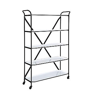Creative Co-Op 5-Tier 66" H Tray-Style Enameled Metal Unit with Locking Caster Wheels Shelves, White