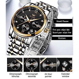 OLEVS Mens Watches Fashion Gold Silver For Men Big Face Luxury Black Dial Analog Quartz Men's Watch Chronograph Classic Stainless Steel Waterproof Date Business Two Tone Male