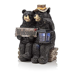 Alpine Corporation 15" Tall Outdoor Bear Couple with Lantern and Welcome Sign Statue with Solar LED Light Yard Art Decoration