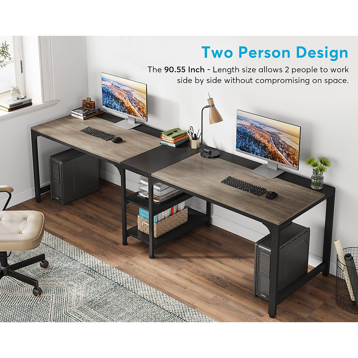 Tribesigns 90.55'' 2 Person Desk with Storage Shelves, Double Computer Desk with Spacious Desktop, Extra Long Study Writing Table Workstation for Home Office (Black & Gray)