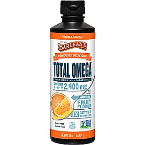 Barlean's Total Omega 3 Fish Oil Liquid Supplement, Orange Crème Flavored with Borage Oil and Flaxseed Oil, 2,400 mg of Omegas 3 6 9 EPA and DHA Plus GLA, 16 oz