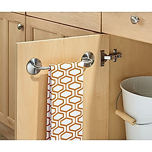 mDesign Decorative Metal Small Towel Bar - Strong Self Adhesive - Storage and Display Rack for Hand, Dish, and Tea Towels - Stick to Wall, Cabinet, Door, Mirror in Kitchen, Bathroom - Brushed