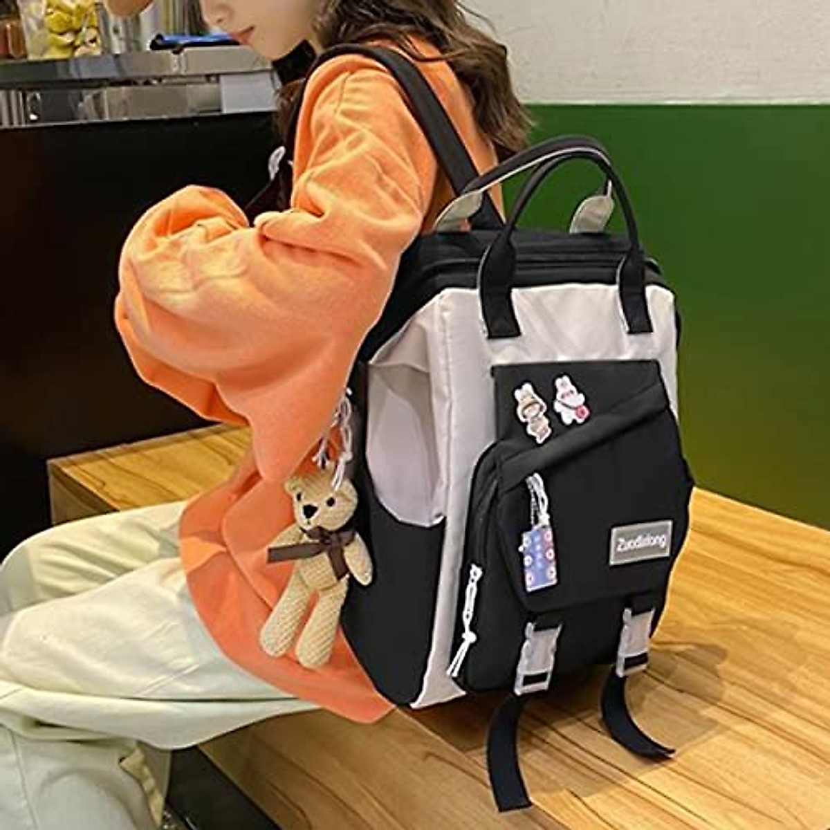 Treonca Kawaii Backpack with Kawaii Pin and Accessories Girl Backpack Cute Shoulder Tote Bag Laptop Schoolbag for Students Backpack (Black)
