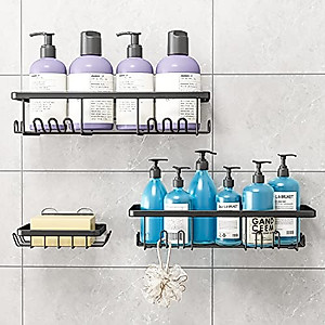 LOCVCDA Shower Caddy, Shower Organizer Shower Shelf with Soap Holder, No Drilling Rustproof Stainless Steel Bathroom Shower Organizer, Adhesive Shower Shelves (Black-3 pack)