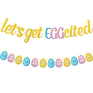 MALLMALL6 2Pcs Let's Get EGGcited Banners for Easter Party Decorations Pre-Strung Glittery Sign with 3 Colors Easter Egg Garland Hanging Kit Spring Holiday Supplies for Fireplace Outdoor Home