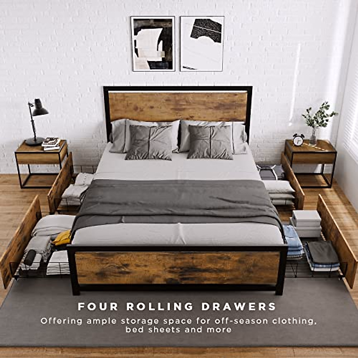 AMERLIFE Queen Bed Frame with 4 XL Storage Drawers, Storage Platform Bed with Wooden Headboard & Footboard, No Box Spring Needed, (BT-829Q)