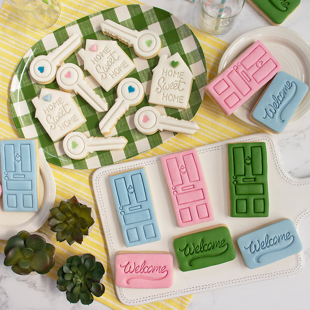 Set of 4 Housewarming cookie cutters (Home Sweet Home, House Door, House Key, and Welcome Mat), 4 pieces - Bakerlogy