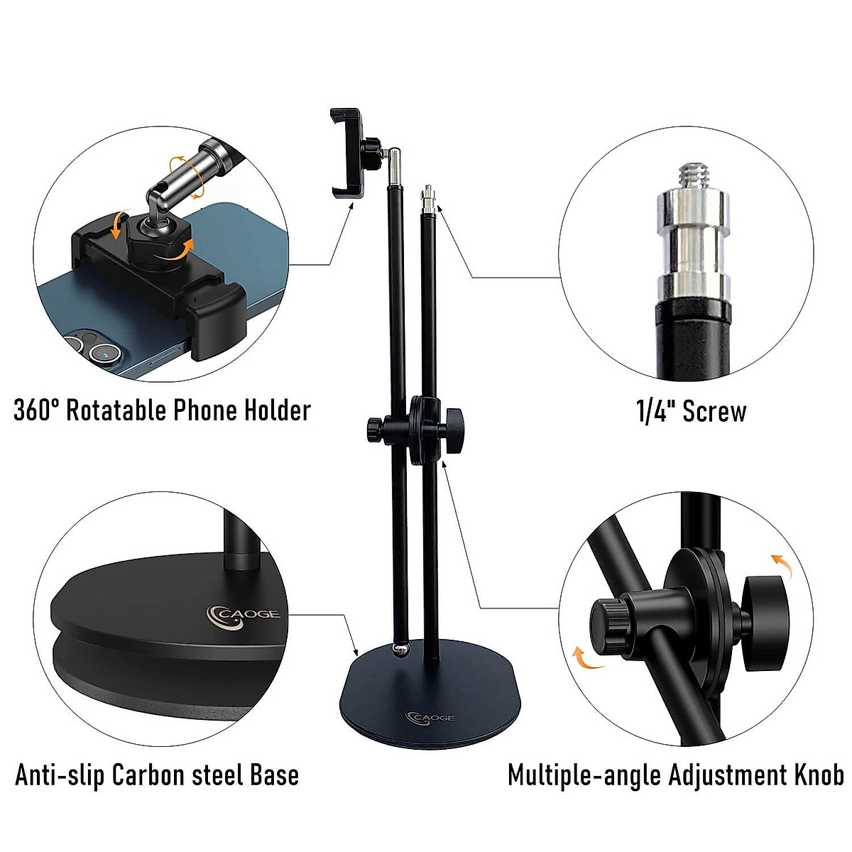 CAOGE Overhead Phone Stand, Live Stand, Adjustable Tabletop Phone Mount, Phone Holder Mount 360° Rotation, Long Arm Bracket for Filming, Tiktok, Crafting, Baking, Drawings, Cooking and Recording