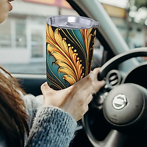 AYCZN Ethnic Peacock Feather 20 OZ Tumbler Stainless Steel Travel Coffee Mug, Mandara Flower Floral Insulated Water Bottle with Lid and 2 StrawsLeakproof Thermal Cup