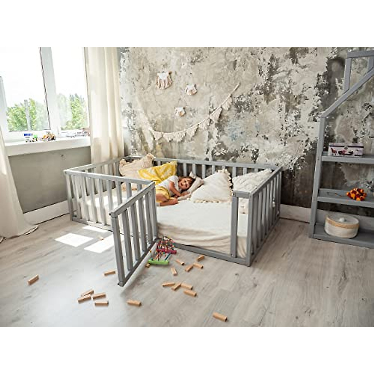 BUSYWOOD Montessori Floor Bed - Toddler Floor Bed - Play Pen - Kids Room Furniture - Wood Bed Fame - Toddler Bed with Rails - Children Play Gym - Waldorf toys (Model 6.2)