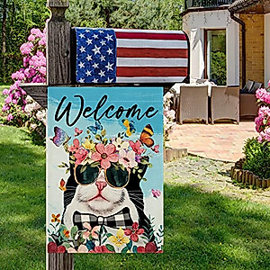 CMEGKE Spring Summer Cat Garden Flag, Spring Summer Welcome Cat Flags, Spring Summer Flags Summer Spring Rustic Vertical Double Sided Burlap Cat Floral Home Holiday Party Farmhouse Yard Lawn Outside Decorations 12.5 x 18 In