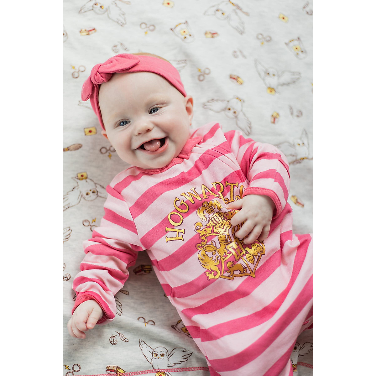 Harry Potter Newborn Baby Boy or Girl Zip Up Sleep N' Play Coverall Headband Burp Cloth and Blanket 4 Piece Outfit Set Pink 0-6 Months