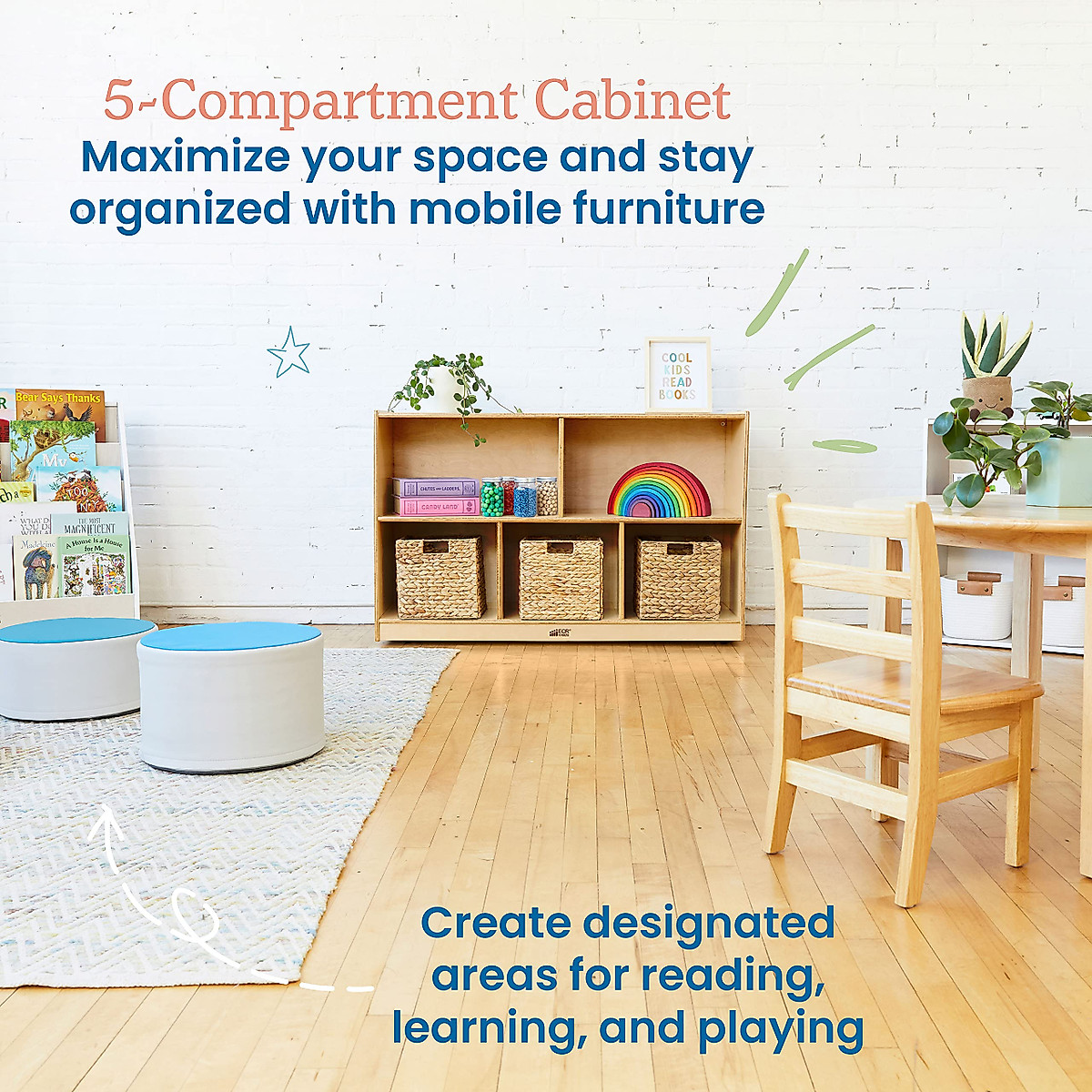 ECR4Kids - ELR-0420 Birch 5-Section School Classroom Storage Cabinet with Casters, Natural, 30" H