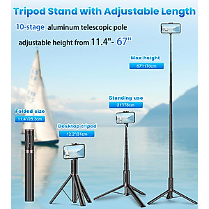 TONEOF 67" Cell Phone Selfie Stick Tripod,Smartphone Stand All-in-1 with Integrated Wireless Remote,Portable,Lightweight,Extendable for iPhone/Android(Black)