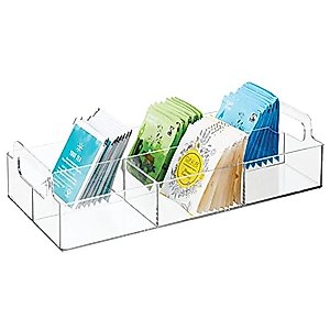 mDesign Compact Plastic Tea Storage Organizer Caddy Tote Bin - 6 Divided Sections, Built-in Handles - Holder for Tea Bags, Packets, Sweeteners and Small Packets, BPA free - Clear