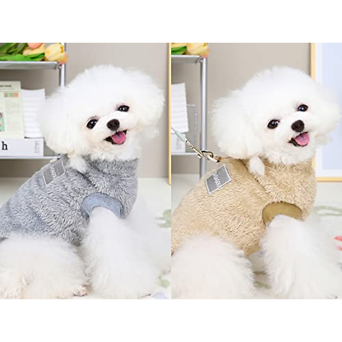 Loyanyy 2 Pack Dog Sweater Vests Warm Fleece Cat Clothes with Leash Ring Plush Cute Puppy Kitten Soft Stretchy Pullover for Winter Brown Grey Large(Tag XL)