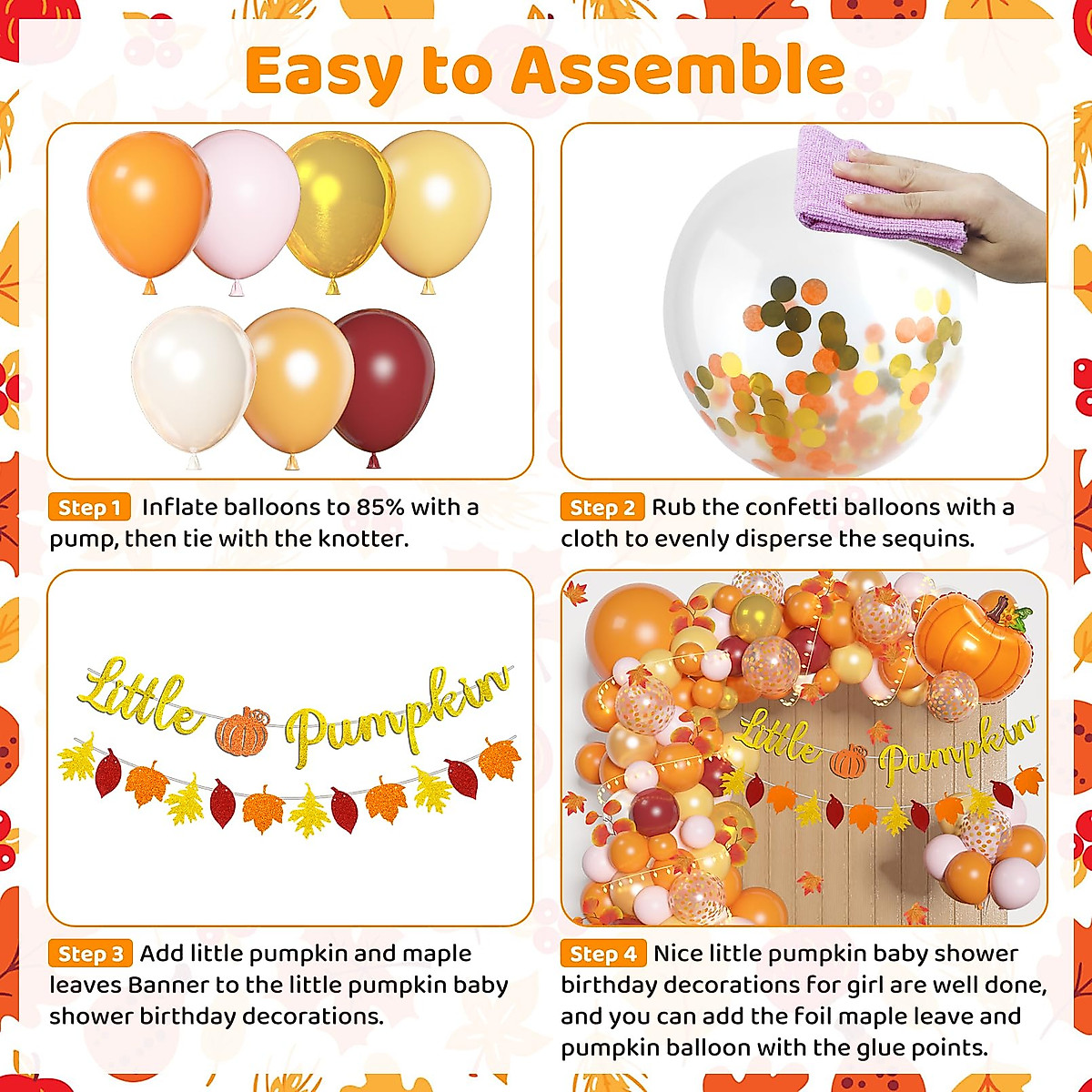 179Pcs Little Pumpkin Balloons Birthday Decorations, Fall Orange Balloon Garland Arch Kit String Lights Maple Eucalyptus Leaves 1st Girl Baby Shower Autumn Thanksgiving Gender Reveal Party Supplies