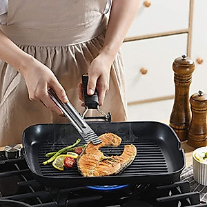 S·KITCHN Grill Pan with Folding Handle, Nonstick Grill Pan for Stove Tops, Induction Compatible KBBQ Grill Pan with Pour Spouts, Indoor Rectangle BBQ Grilling Pan - 13 × 9IN