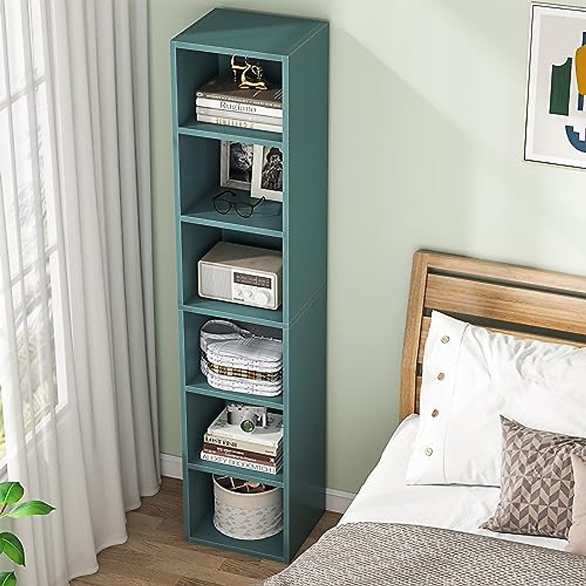LITTLE TREE 70.9 Inch Tall Narrow Bookcase, Corner Bookshelf 6 Tier Cube Display Shelf Storage Organizer for Small Space, Blue