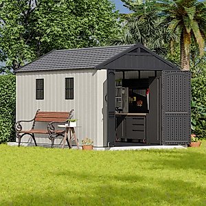 VICTONE Plastic Outdoor Storage Shed 8 x 12 FT with Floor, Resin Tool Shed with Two Windows and Lockable Door for Garden, Backyard, Easy to Install in Gray and White (Kick-it Shed)