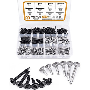 VIGRUE 410 Stainless Steel #8 X 1/2'' to 1-1/2'' Self Tapping Screw Assortment Kit, Modified Truss Head, 400pcs Self Tapping Screws for Metal, Black Oxide and Silver Stainless Steel