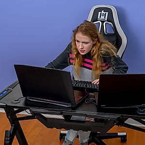 Deco Gear Ultrawide Curved LED Computer Gaming/Office Desk, Waterproof Carbon-Fiber Surface, Supports up to 175-lbs., 6-Color RGB Lighting Accents, Cable Management, Cup Holder, 31.5" Mouse Pad