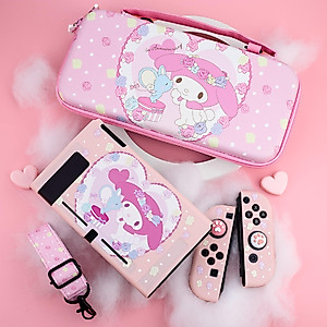 GLDRAM Pink Carrying Case for Nintendo Switch, Cute Anime Accessories Bundle for Cute Girl with Switch Travel Storage, Soft TPU Cover Shell, Screen Protector, Thumb Caps, Shoulder Strap for Girls