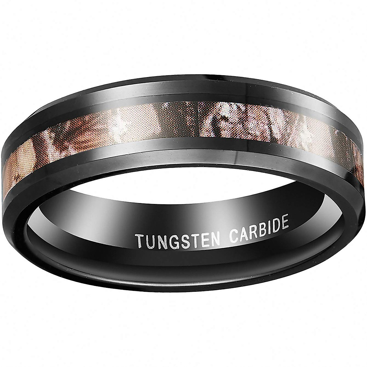 QUEENWISH 6mm Black Tungsten Camo Wedding Rings For Men & Women Hunting Camouflage Inlay Engagement Couples Jewelry Band Beveled Edges Comfort Fit