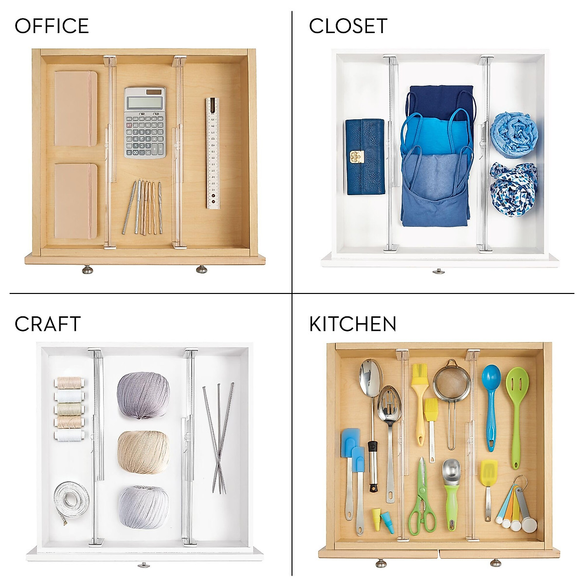 iDesign Plastic Adjustable Deep Drawer Divider, Kitchen, Dresser, Desk, Bathroom and More, The Linus Collection – Set of 4, Expandable 13.25” – 20.75”, Clear