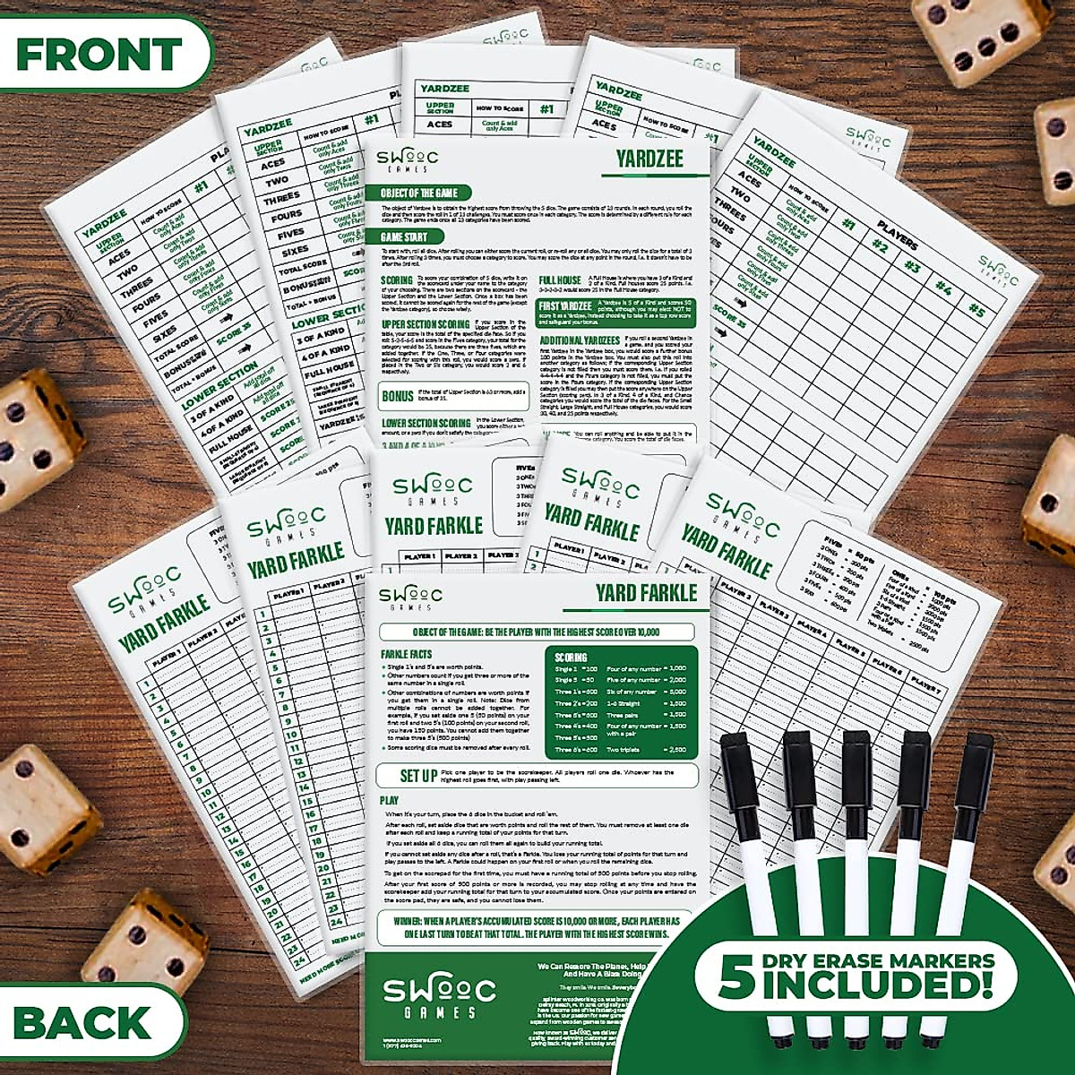 SWOOC Games - 5 Big Dry Erase Yardzee & Farkle Score Cards with 5 Markers (11.5in x 8in) | Large Laminated Reusable Pads & Pens for Giant Dice Games | Jumbo Yardzee Score Card and Farkle Score Sheets