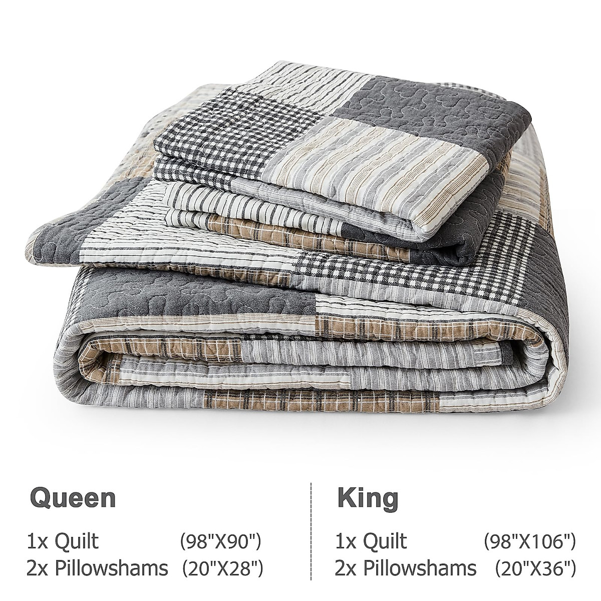 Finlonte King Quilt Bedding Set - 100% Cotton King Size Comforter, Plaid Quilted Bedspread Farmhouse Country Bed Spread, Lightweight Reversible King Quilt Sets All-Season, Gray/Brown/Black/White, 3Pcs