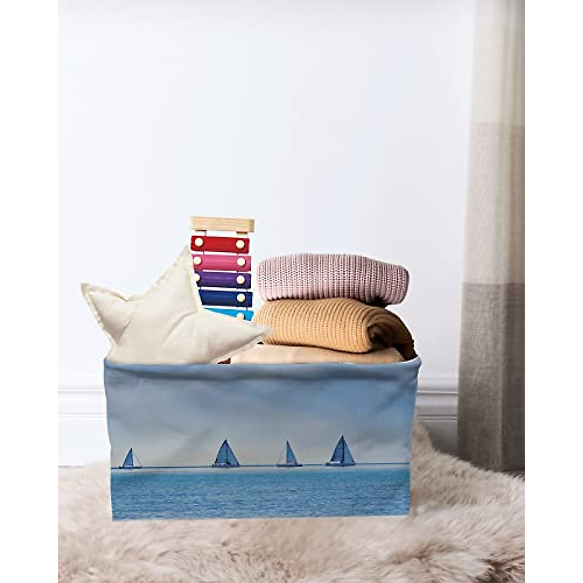Blue Wide Sea Sailboat Storage Bins, Collapsible Cube Storage Organizer with Handles, Sea Horizon Sky White Clouds Waterproof Clothes Hamper Storage Basket for Toys/Blanket 15"x11"x9.5"