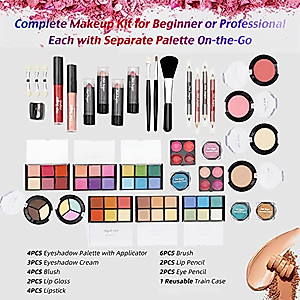 Hot Sugar Mixed Beauty Makeup Kit Cosmetic Set All in One Train Case Matte Shimmer Eyeshadow Palette Blushes Lipstick Stylish Jewelry Box Birthday Gifts for Teenager Girls Women (Clear)