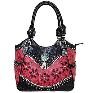 Zelris Floral Western Pu Tooled Leather Turquoise Concho Feathers Conceal Carry Women Tote Purse Handbag (Red)