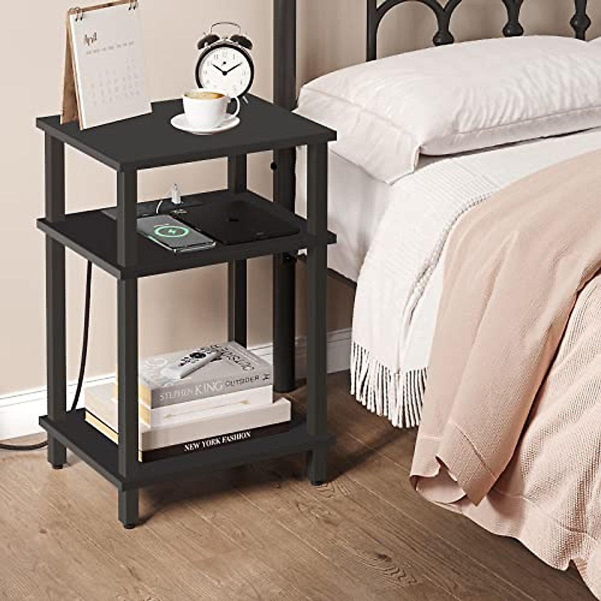 TUTOTAK End Table with Charging Station, Side Table with USB Ports and Outlets, Nightstand, 3-Tier Storage Shelf, Sofa Table for Small Space TB01BK042