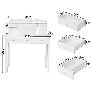 ADORNEVE Writing Desk with 7 Drawers, Home Office Desk with Hutch,Student Desk Study Table, Small White Desk, Solid Pine Wood Legs